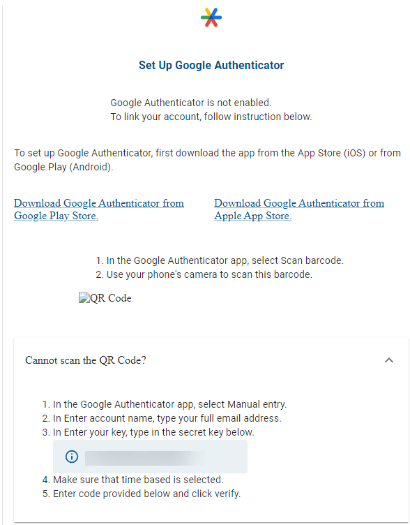 set up google authenticator screen